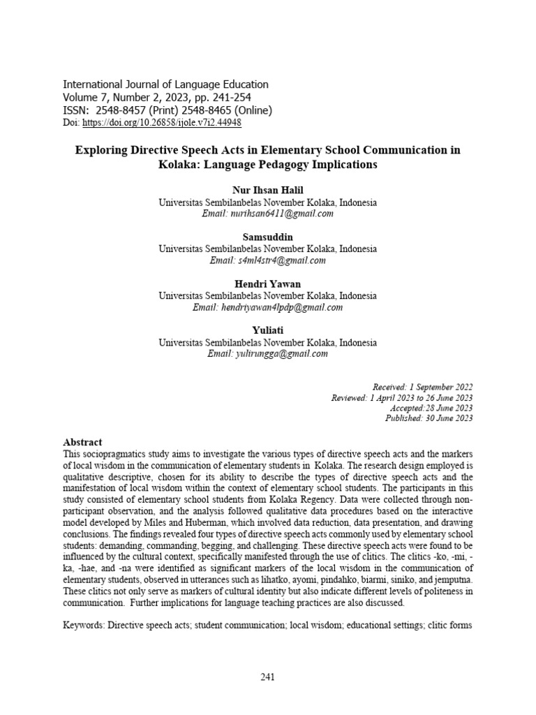 Exploring Directive Speech Acts in Elementary School Communication in Kolaka | PDF | Cognitive ...