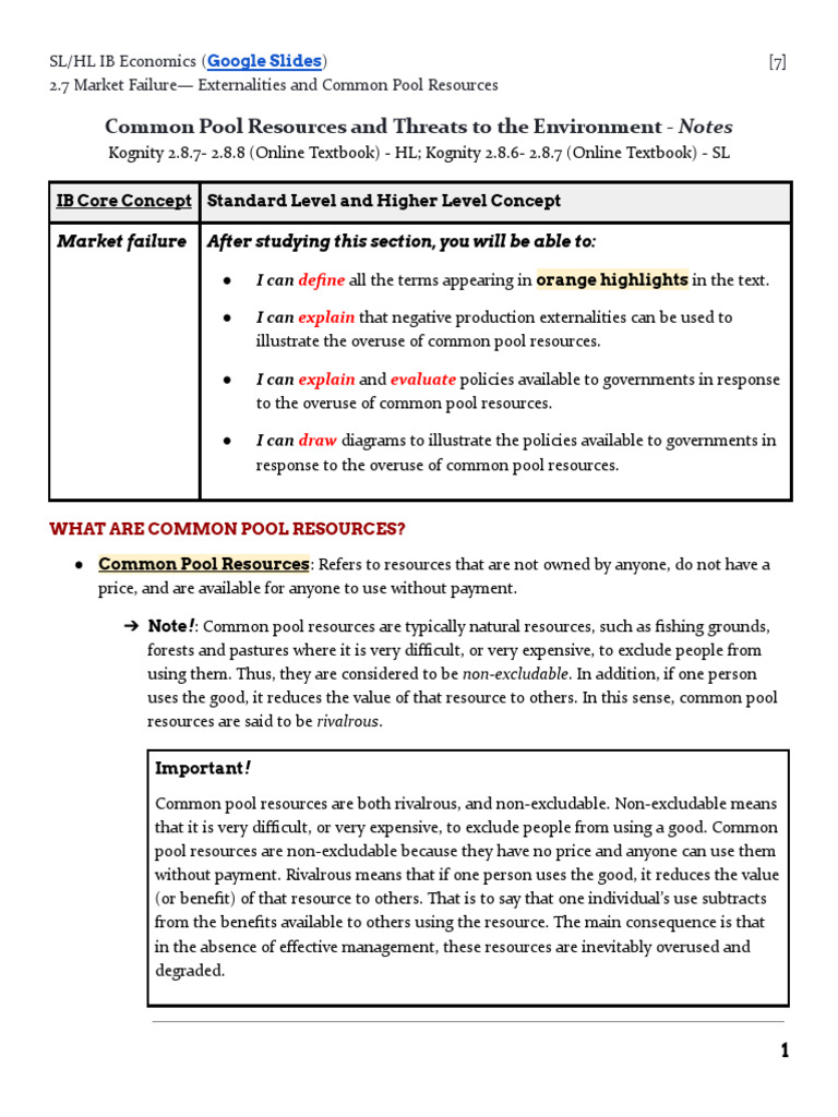 7b Common Pool Resources And Threats To The Environment Notes