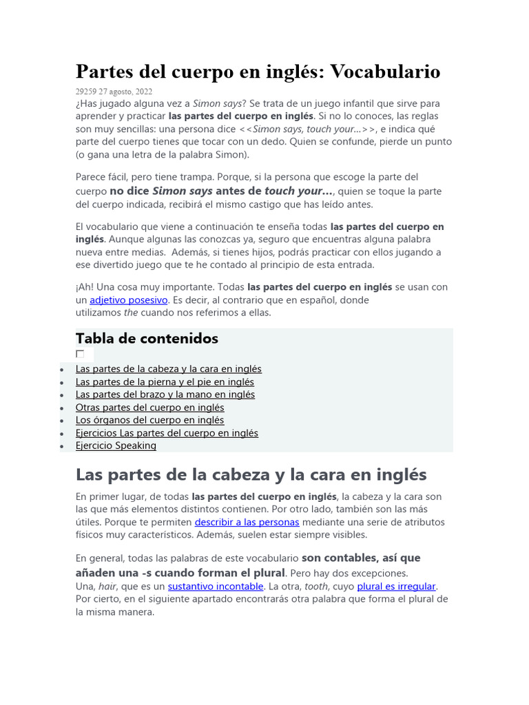 Vocabulario De Partes Del Cuerpo En Inglés Pdf Mano Extremidades