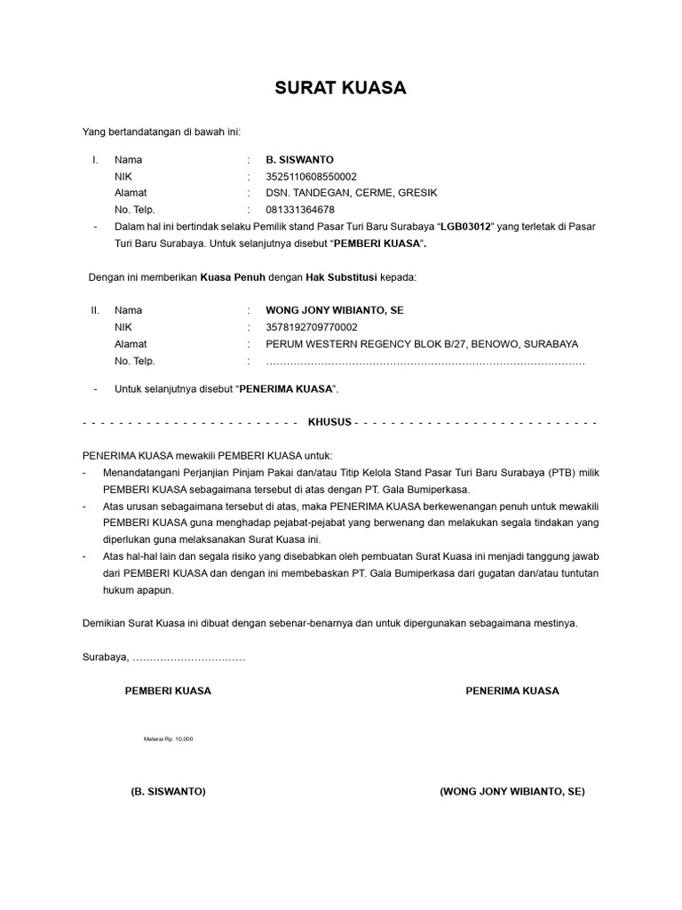 Surat Kuasa TTD Titip Kelola (B. SISWANTO) | PDF