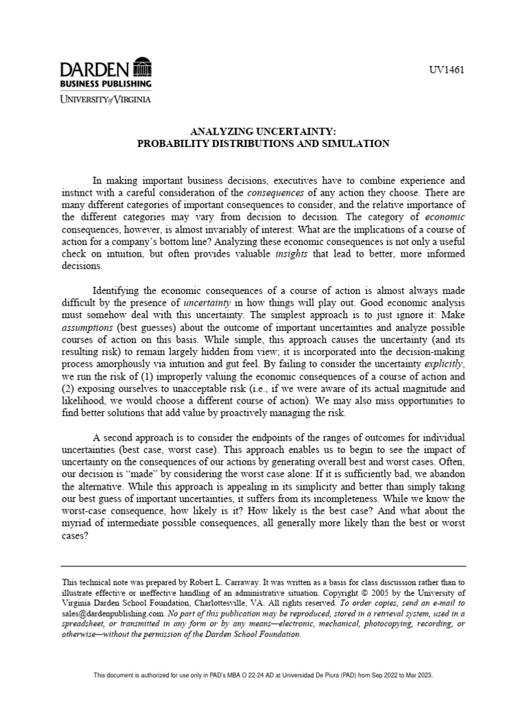 UV1461 Analyzing Uncertainty- Probability Distribution and Simulation | PDF | Risk | Probability ...