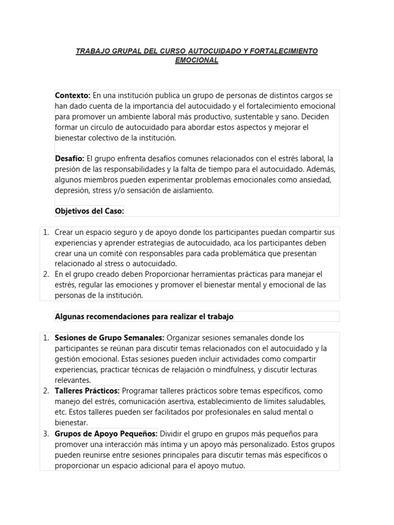TRABAJO GRUPAL DEL CURSO - AUTOCUIDADO Y FORT. EMOCIONAL - Ok - Rev - As - 04032024 | PDF ...