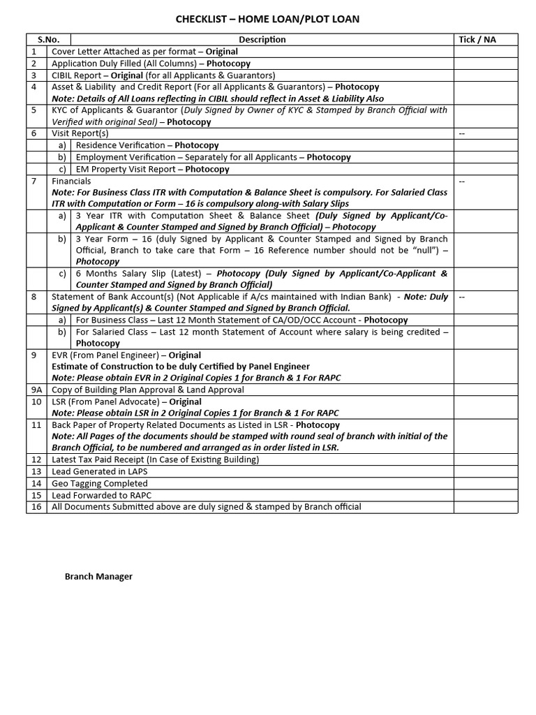 Checklist For Home Loan - Plot Loan | PDF | Business | Finance & Money ...