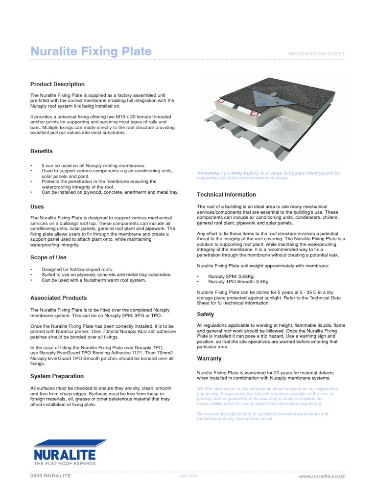 Nuralite Fixing Plate Information Sheet | PDF | Roof | Adhesive