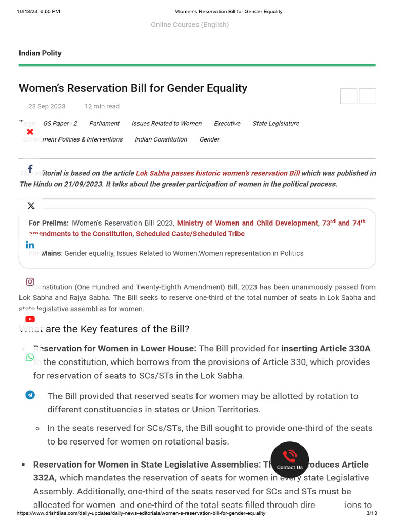 Women's Reservation Bill For Gender Equality | PDF | Government Of India | Government