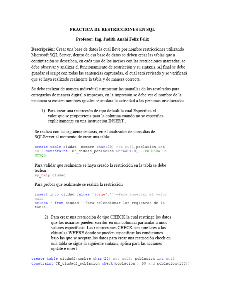 Restricciones SQL en Microsoft Server | PDF | SQL | Gestión de datos