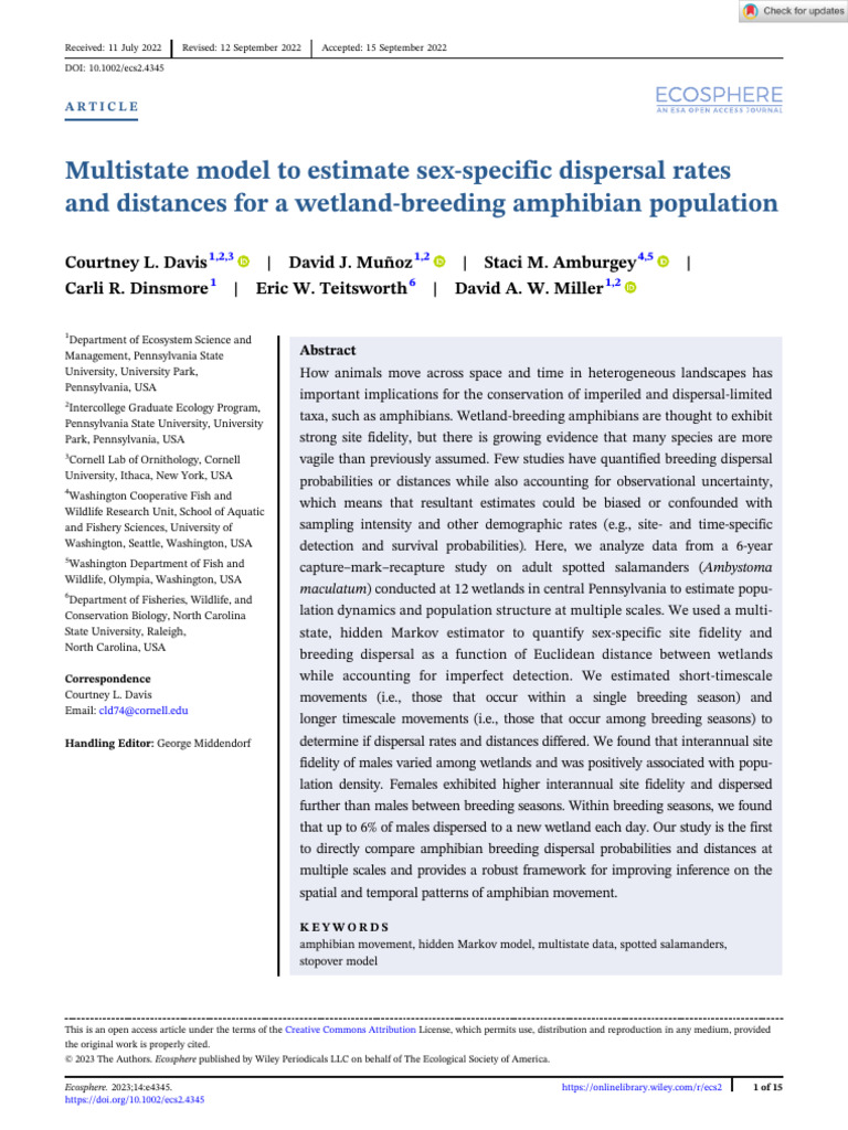 Multistate Model To Estimate Sex Specific Dispersal Rates And Distances