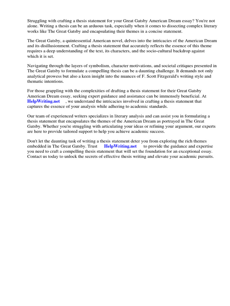 Thesis Statement For The Great Gatsby American Dream | PDF