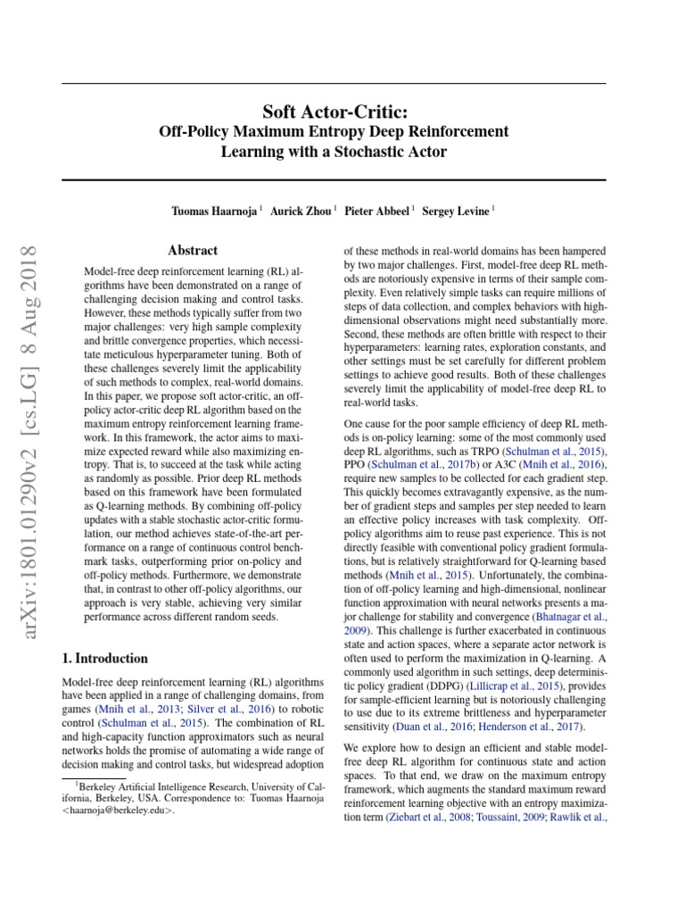 Soft Actor-Critic:: Off-Policy Maximum Entropy Deep Reinforcement Learning With A Stochastic ...