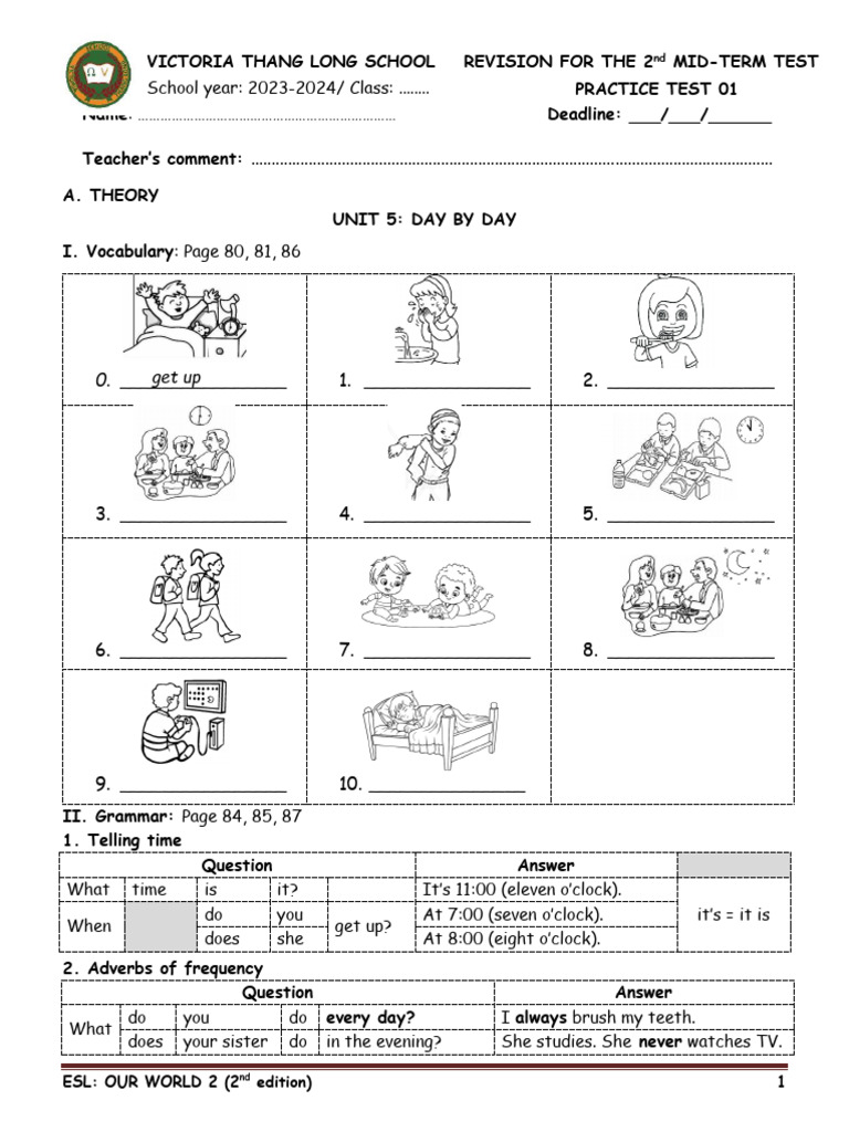 Esl - Ow2 - Revision For The 2nd Mid-Term Test Practice Test 1 | PDF