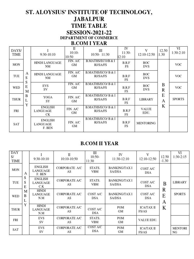 Commerce Time Table | PDF