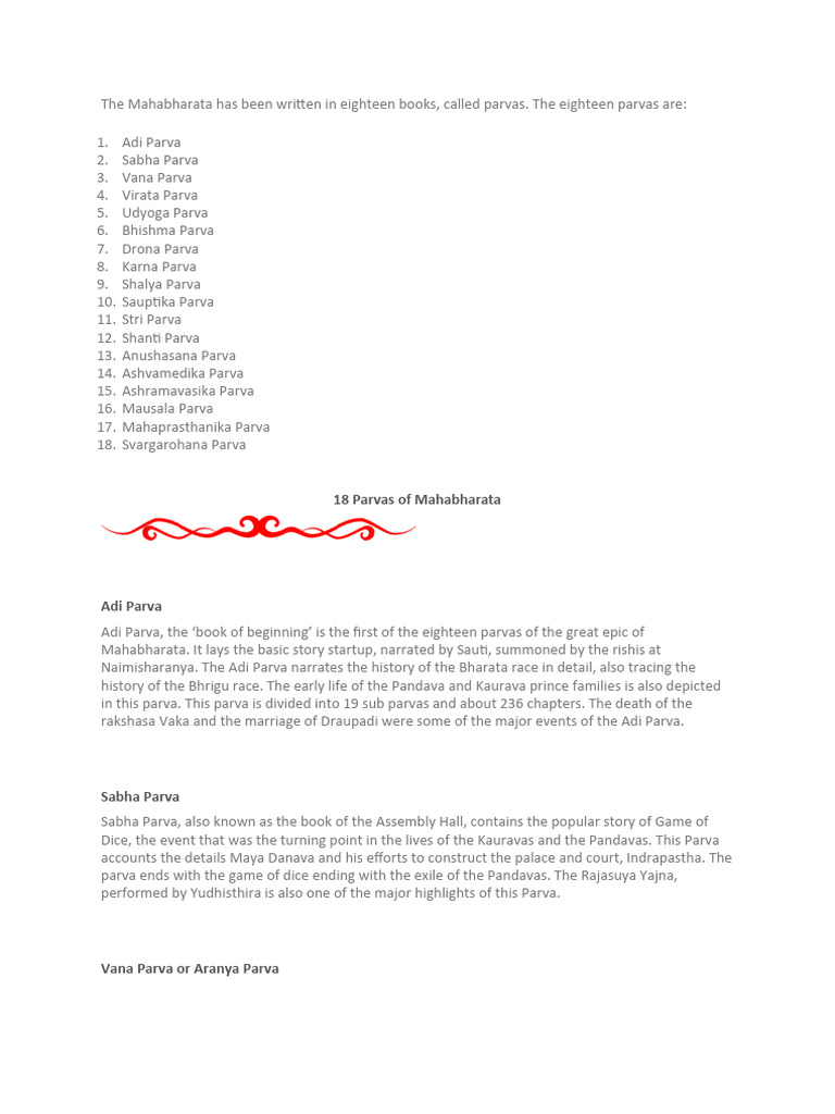 Overview of Mahabharata Parvas | PDF | Mahabharata | Vaishnava Texts