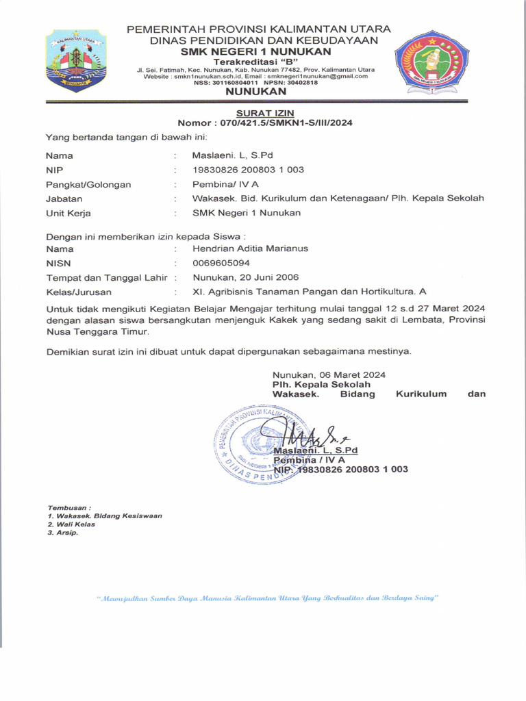 SURAT IZIN HENDRIAN ADITIA MARIANUS XI ATPH.A | PDF