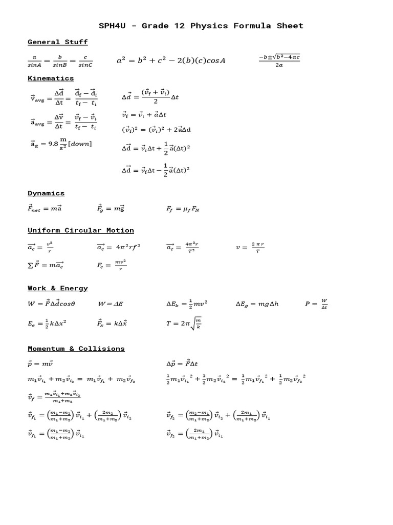 gr12 Physics Formula Sheet On 2 Pages | PDF | Classical Mechanics | Physics