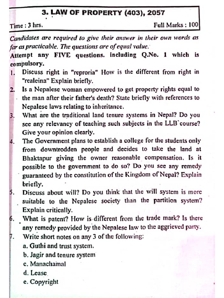Property Law LLB 2nd Year Old Question Paper | PDF