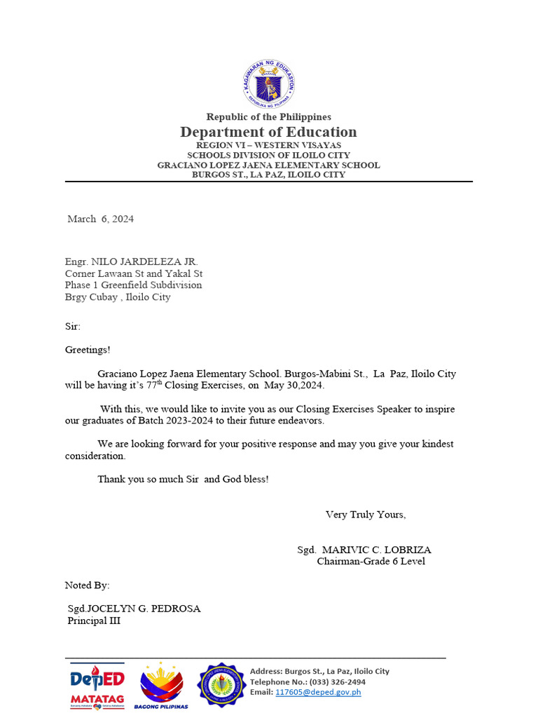 Invitation for Closing Exercises Speaker | PDF