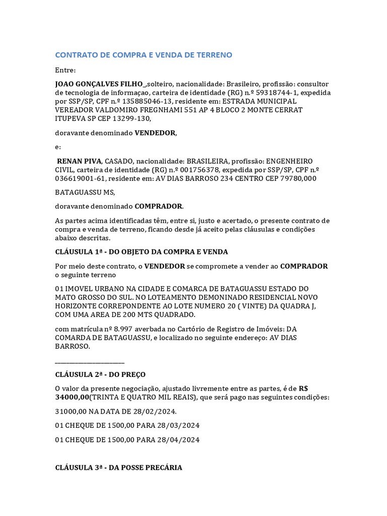 Modelo de Contrato de Compra e Venda de Terreno Simples Para Word Para ...