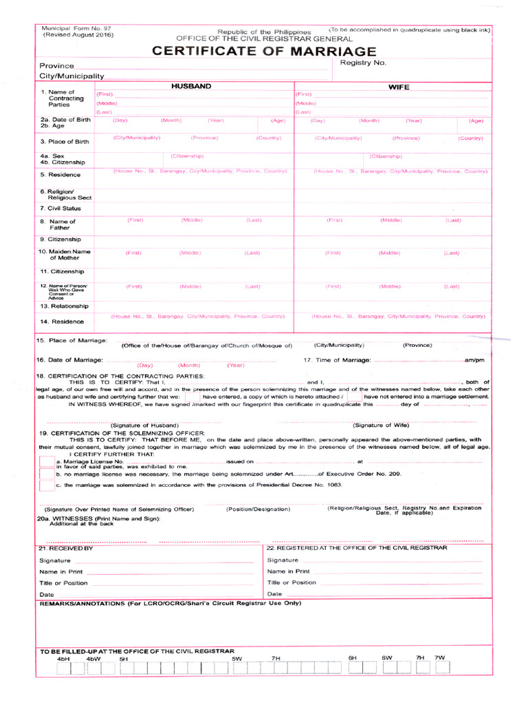 Muncipal Form No. 97 Rewised August 2016 Certificate of Marriage - TOAZ - INFO | PDF