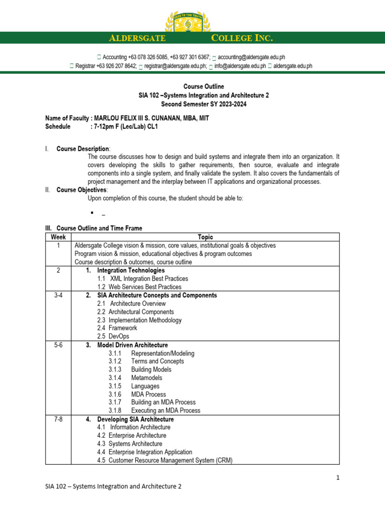 SIA 102 Course Outline for 2023-2024 | PDF | Computing | Business