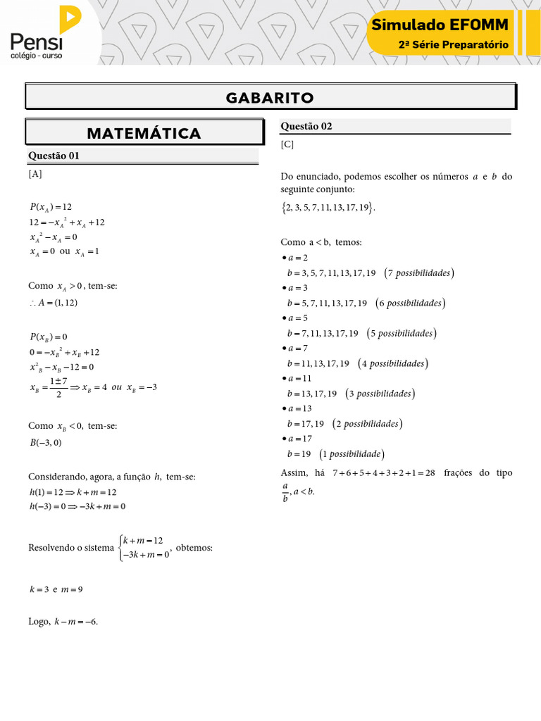 Simulado EFOMM: Gabarito Matemática e Física | PDF | Métodos e Materiais de Ensino