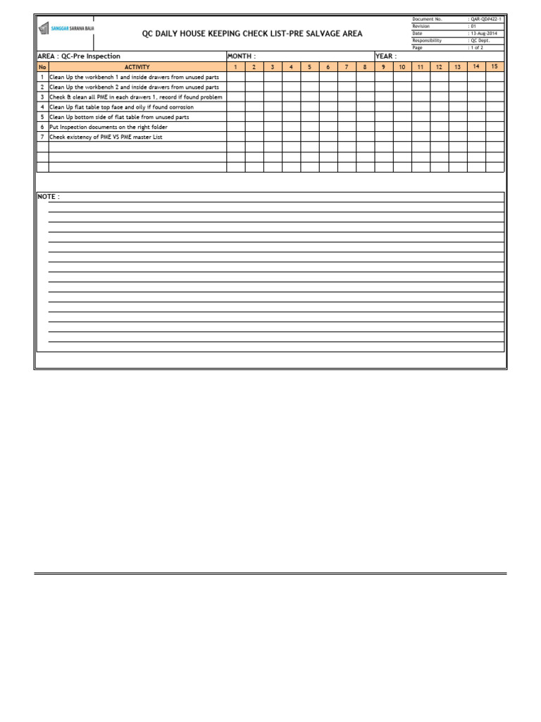 QC Daily Housekeeping Checklist | PDF