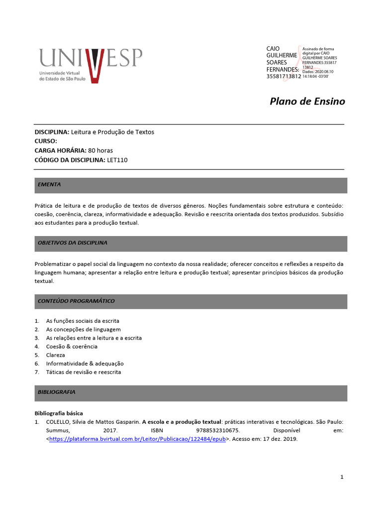 Leitura e Produção de Textos: Plano de Ensino | PDF | Aprendizado ...