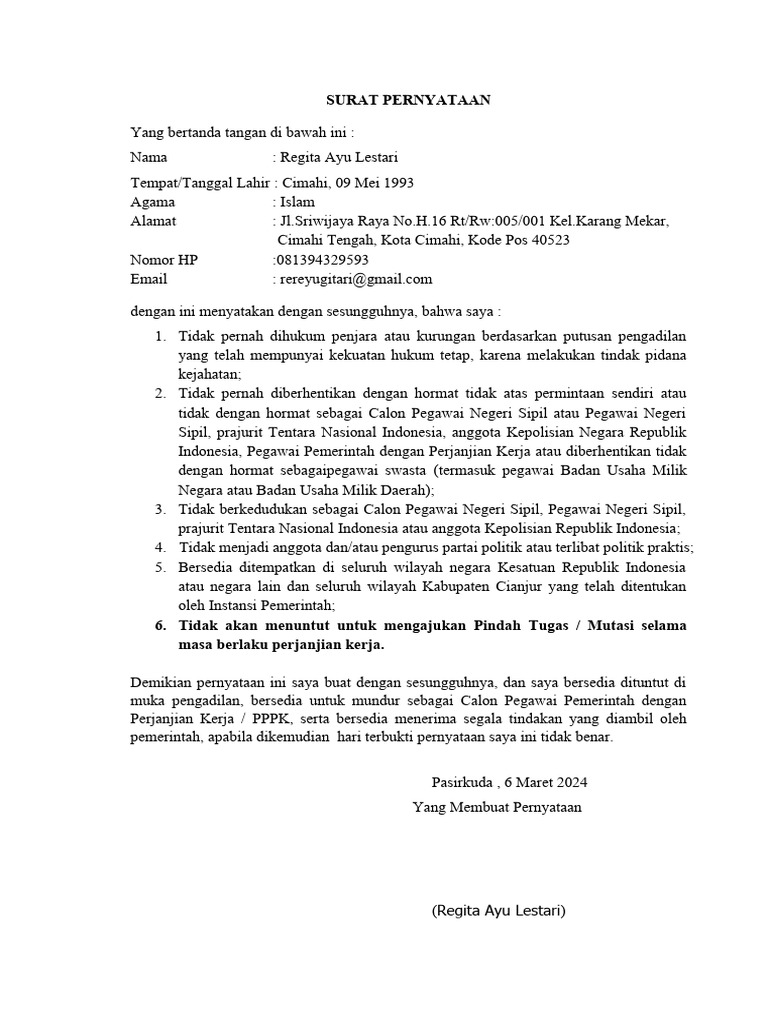 Surat Pernyataan Perpanjangan Kontrak Pppk Pdf