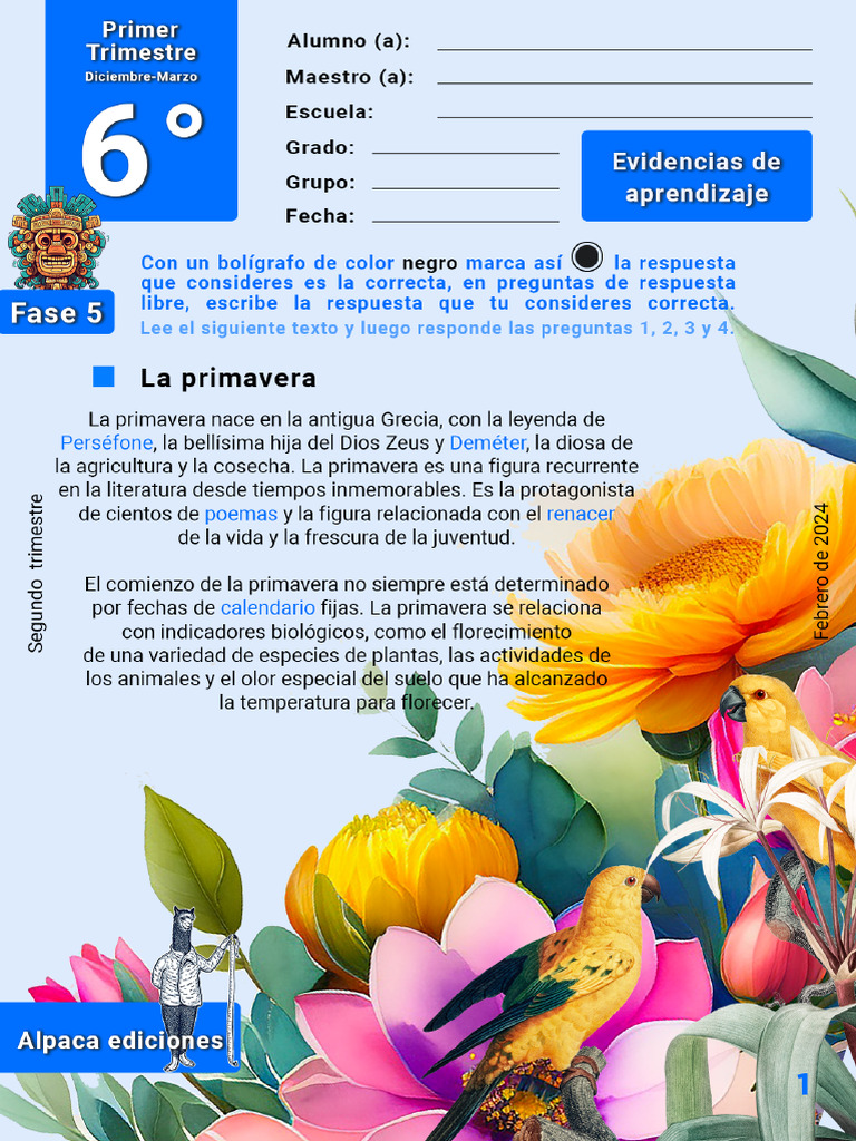 Examen Segundo Trimestre 6° Sexto De Primaria 2023 2024 Alpaca 6430