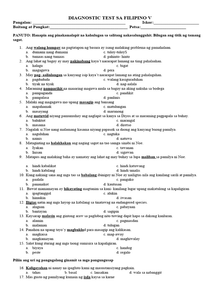 Pre - Test Filipino 5 | PDF