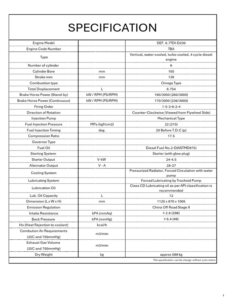 6.7TDI-D230 Diesel Engine Specifications | PDF | Diesel Engine | Engines