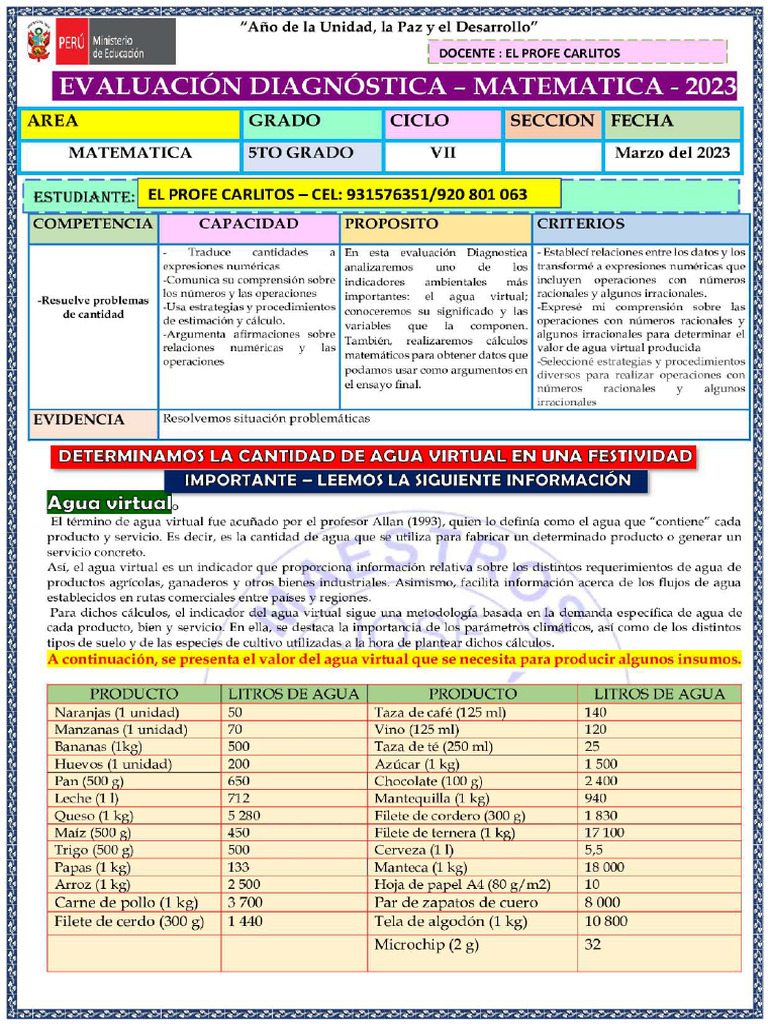 Evaluacion Diagnostica - 5to Grado - Matematica | PDF