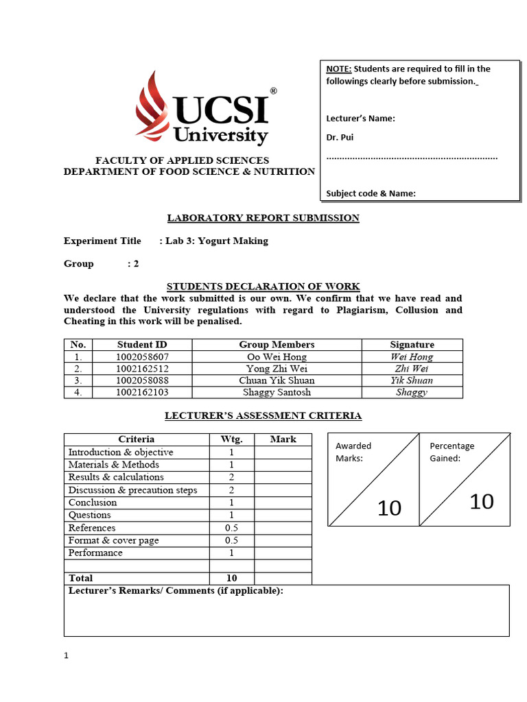 Group 2 - Lab 3 - Yogurt Making | PDF | Yogurt | Milk