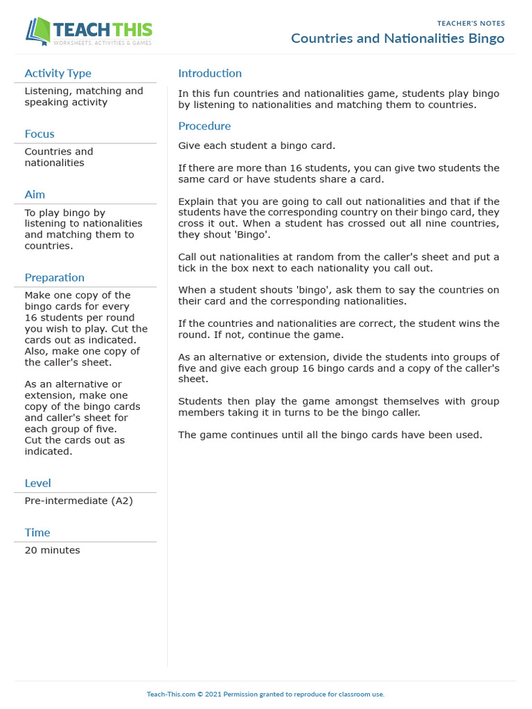 Countries and Nationalities Bingo Game | PDF