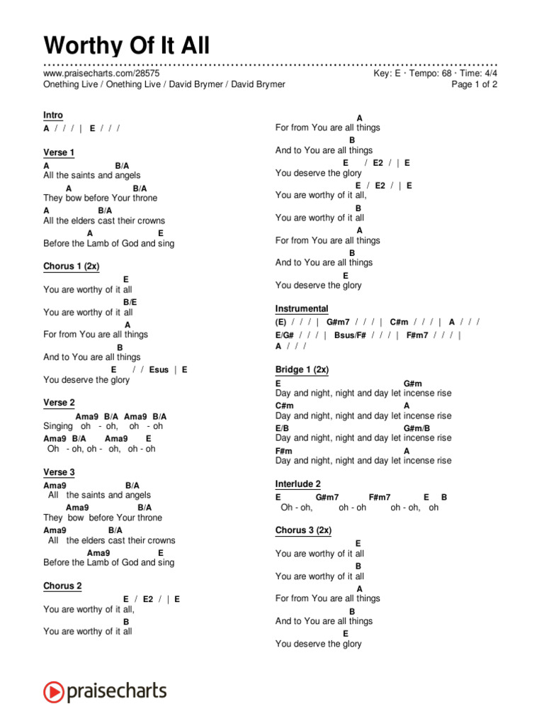 Worthy of It All (Onething Liv... ) Chord Chart - E - 2 Column Layout | PDF | Song Structure ...