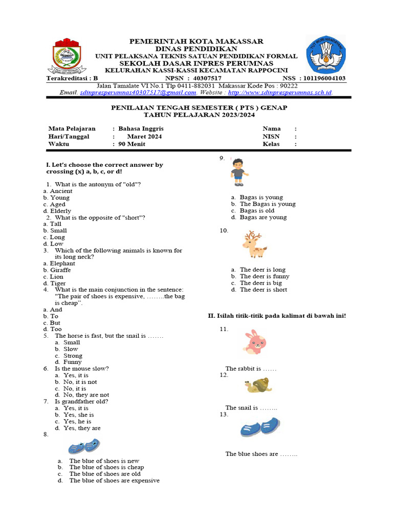 Soal PTS Bhs Inggris Kelas 5 | PDF
