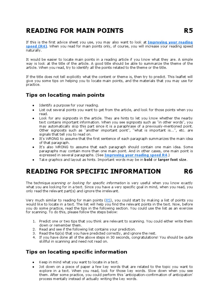 Reading For Main Points | PDF | Sentence (Linguistics) | Reading (Process)