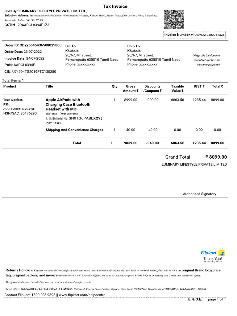 AirPod Invoice | PDF