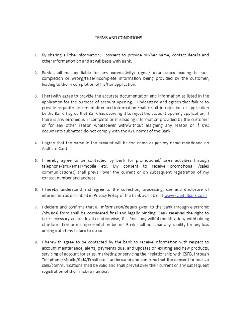 Bank Account Opening Terms and Conditions | PDF