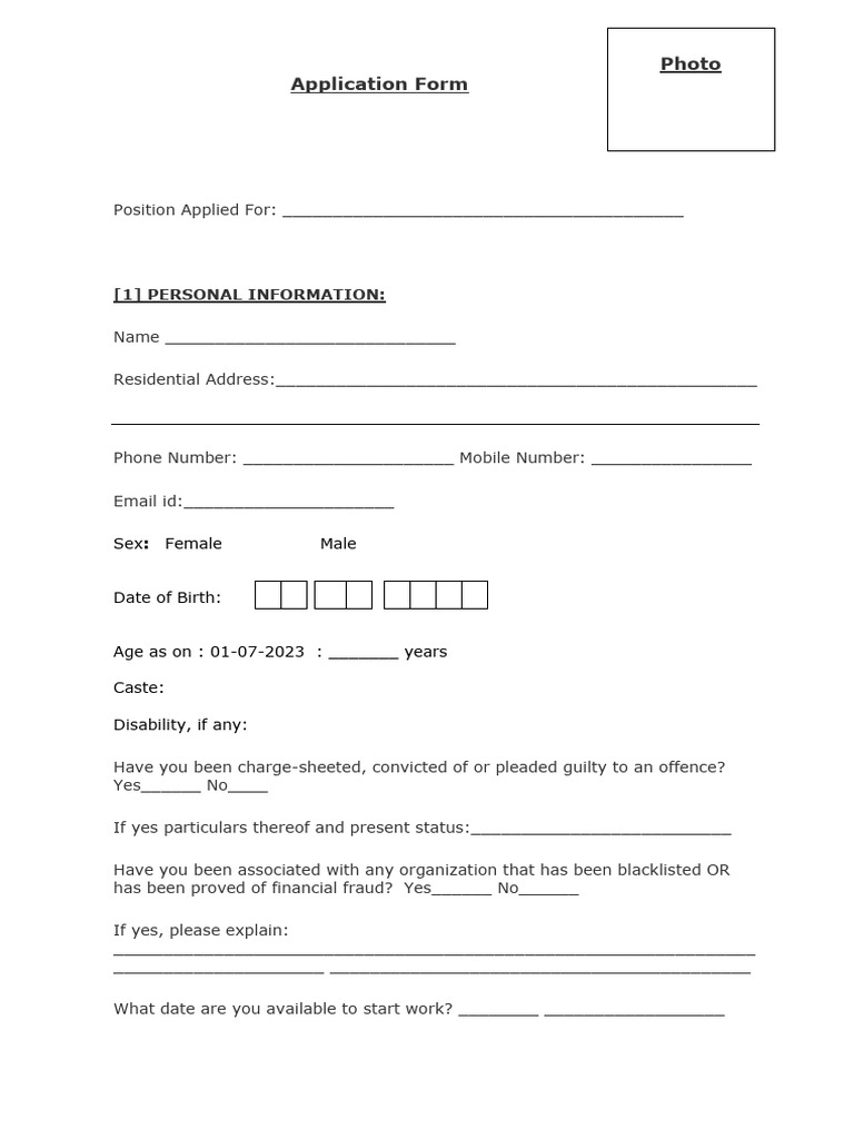 Application Form Photo: (1) Personal Information | PDF