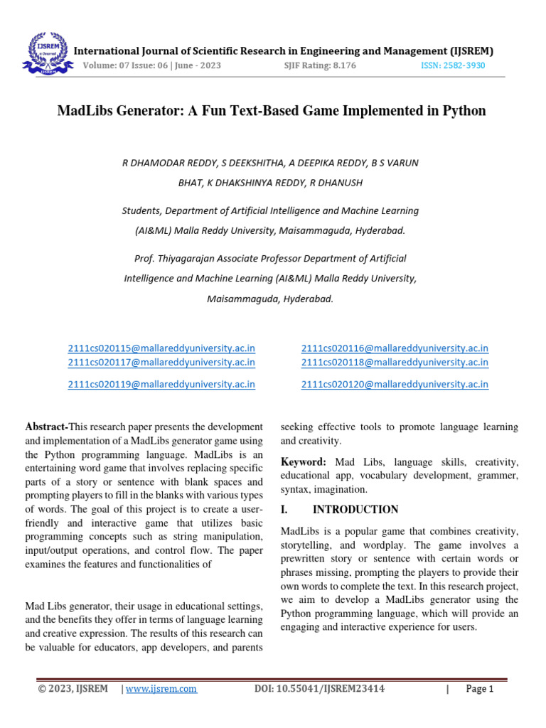 MadLibs Generator A Fun Text-Based Game Implemented in Python | PDF | Usability | Control Flow