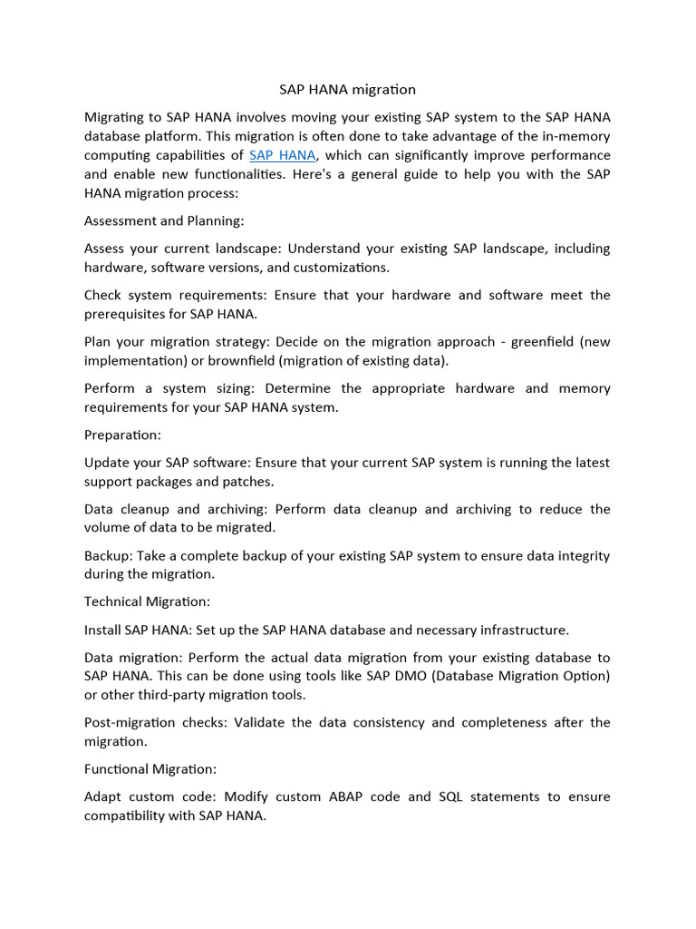 Sap Hana Migration Pdf Databases Computing