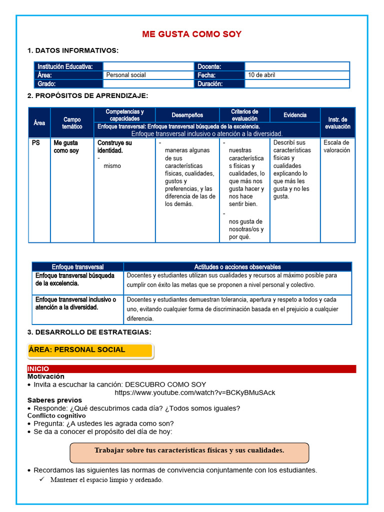 Me Gusta Como Soy: Institución Educativa: Docente: Área: Fecha: Grado ...