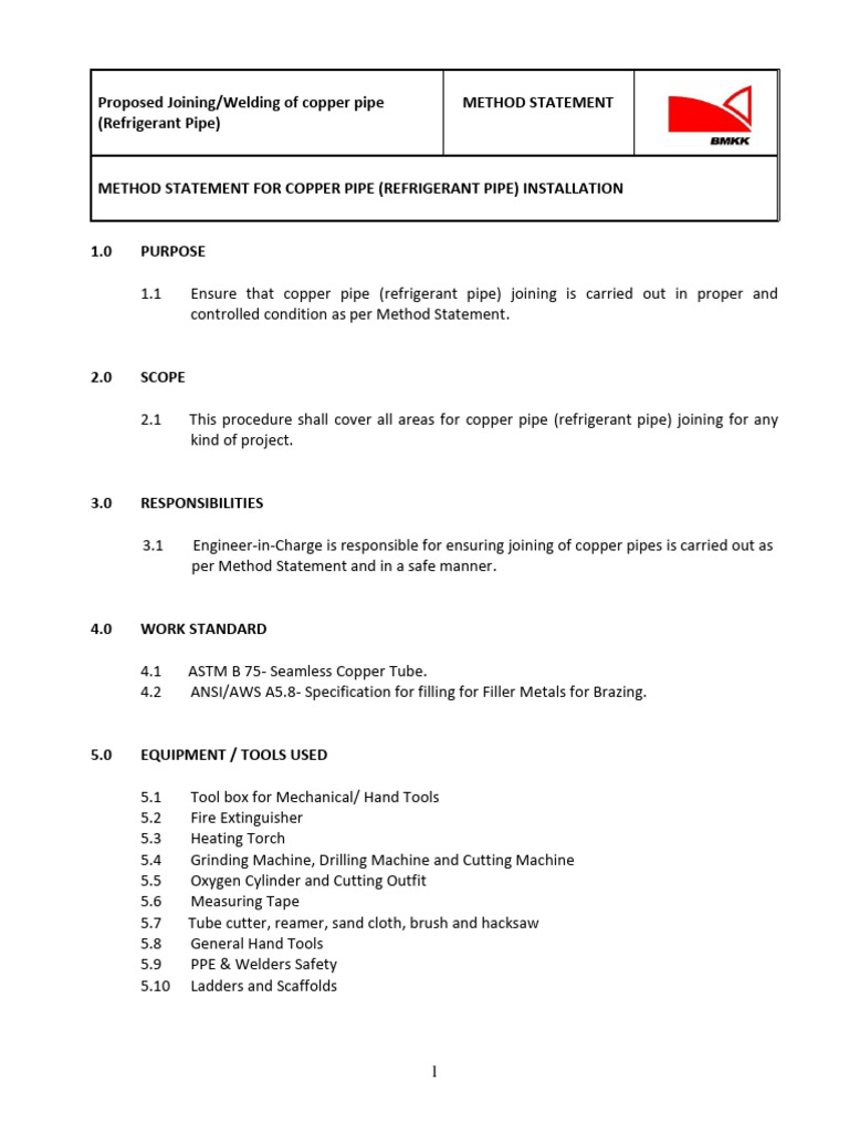 Copper Pipe Welding Method Statement | PDF | Pipe (Fluid Conveyance ...