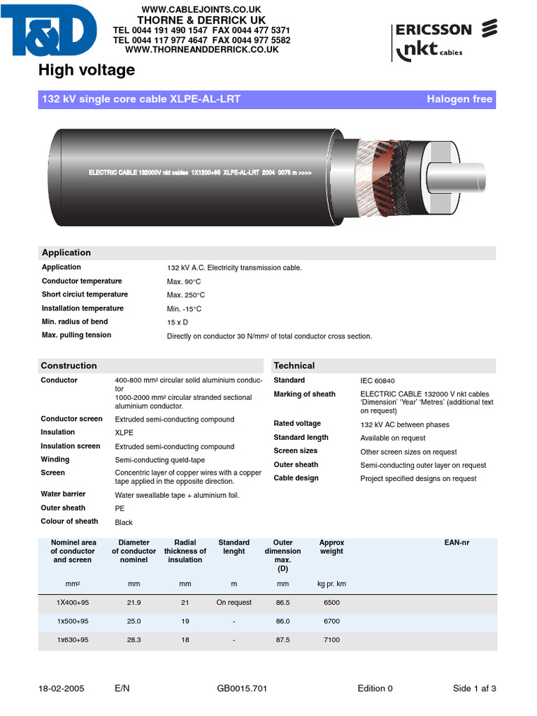 132kV Extra High Voltage Single Core Cable XLPE | PDF | Insulator ...