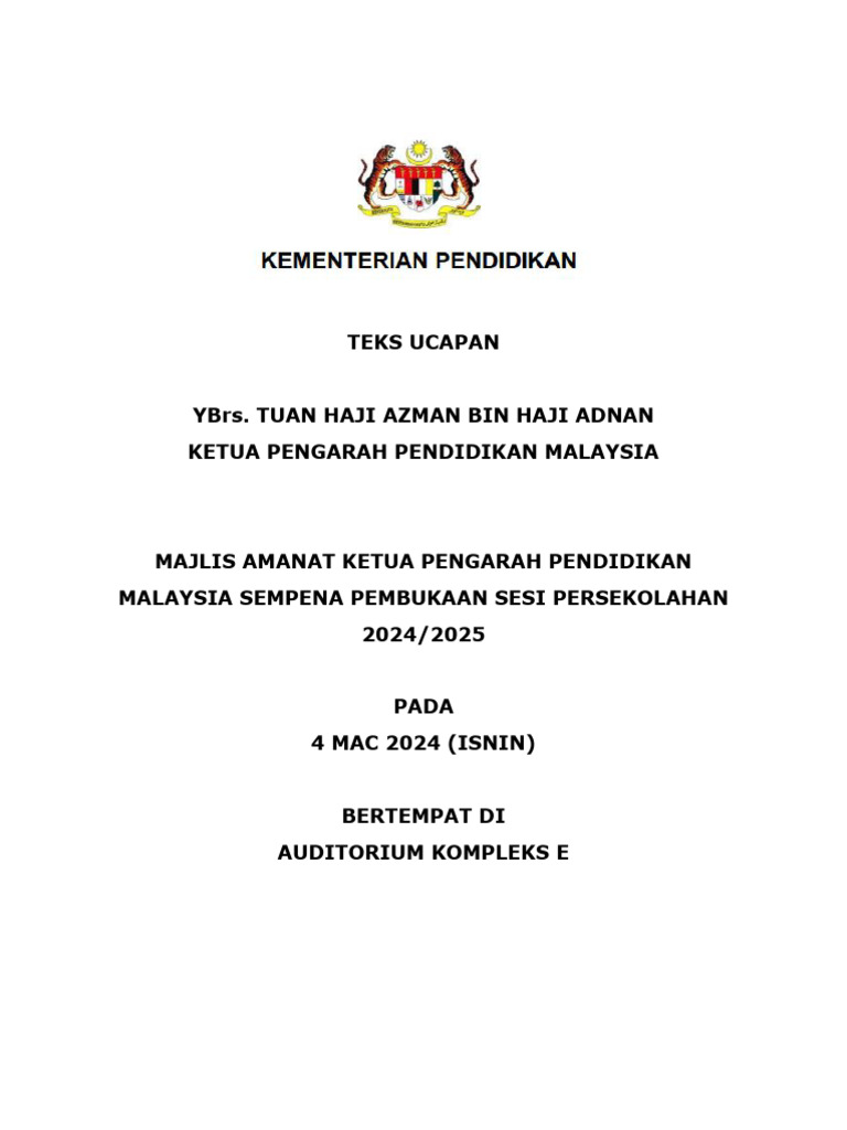 TEKS UCAPAN KPPM SEMPENA PEMBUKAAN SEKOLAH 2024 - V6 - 03032024 - FINAL - 1.00 TGH | PDF