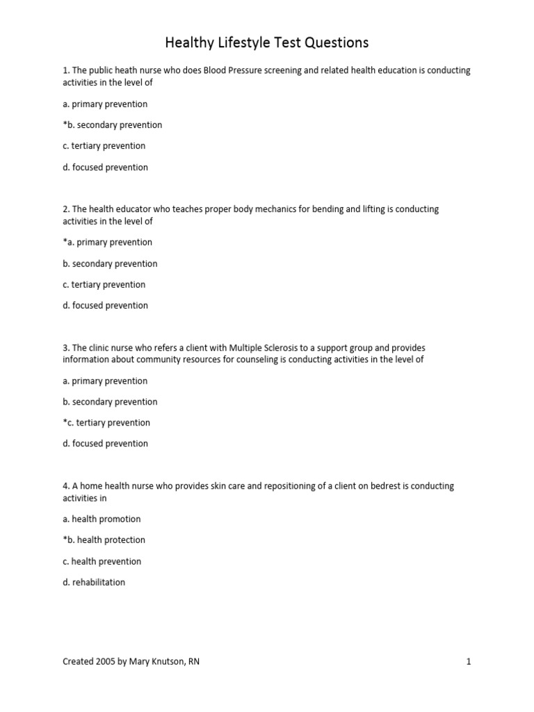 Healthy Lifestyle Test Questions | PDF | Preventive Healthcare | Nursing