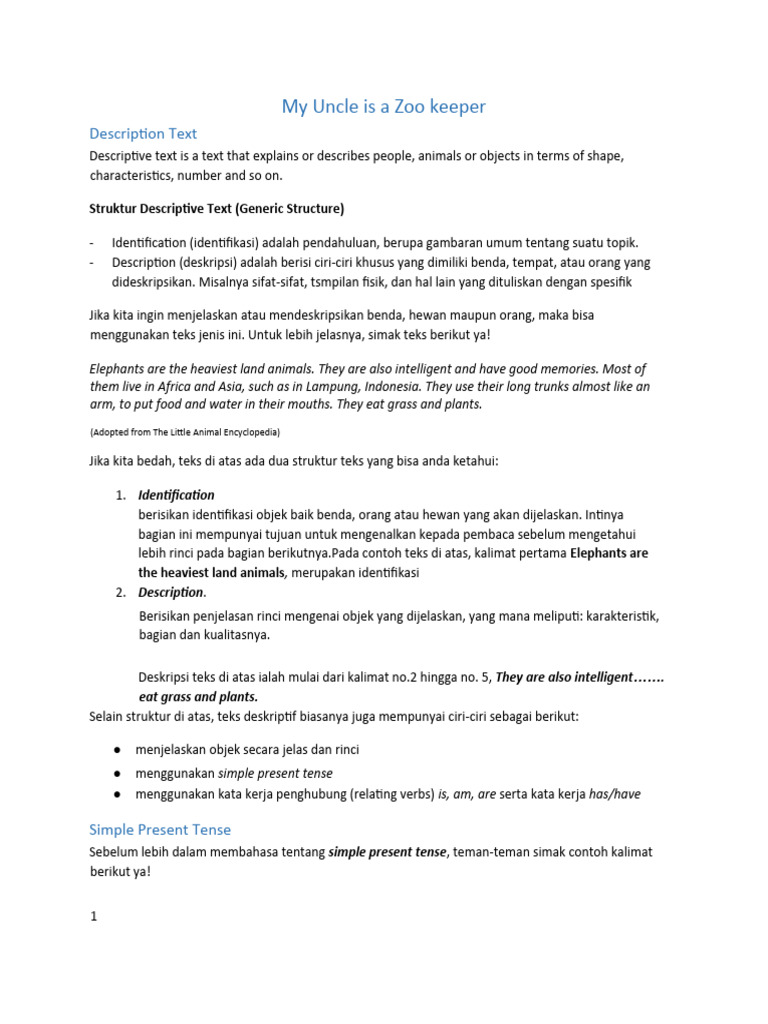 Kelas 8 - My Uncle Is A Zoo Keeper (Descritive) | PDF