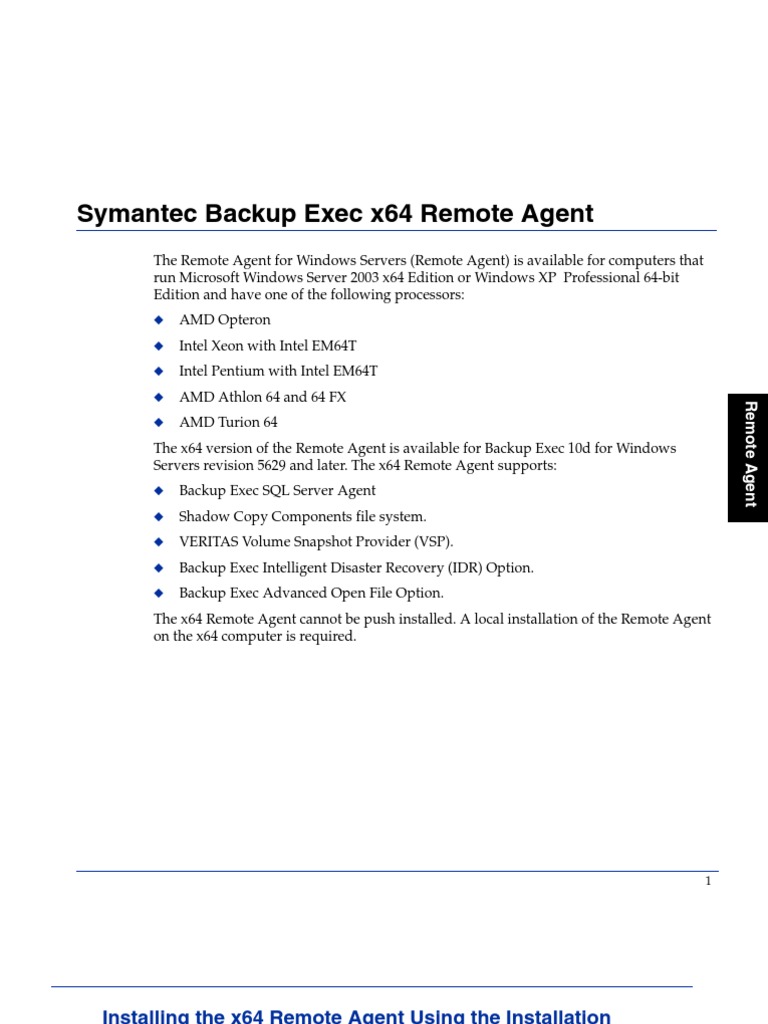 Symantec Backup Exec x64 Remote Agent | PDF | Business | Computers
