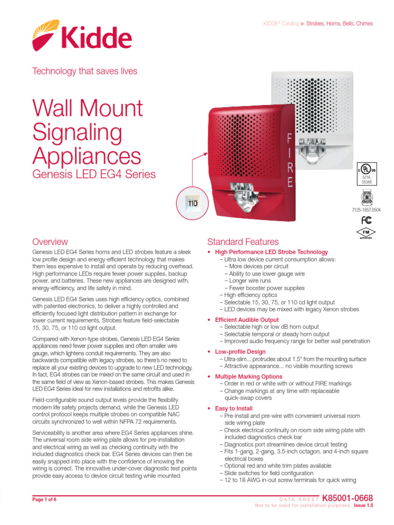 Kidde_Commercial_EG4AVWF_Wall_Horn-Strobe_Data_Sheet | PDF | Light ...