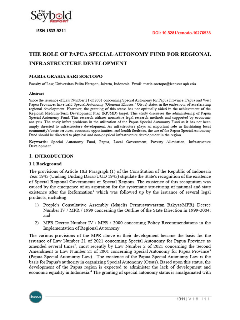 THE ROLE OF PAPUA SPECIAL AUTONOMY FUND FOR REGIONAL INFRASTRUCTURE DEVELOPMENT | PDF ...